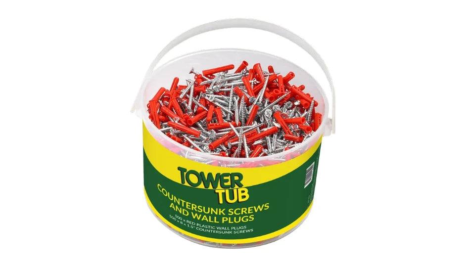 Tower 05TUB02 Trade Tub - 500 x Red Plastic Wall Plugs & 500 x 8 x 1.5 ...