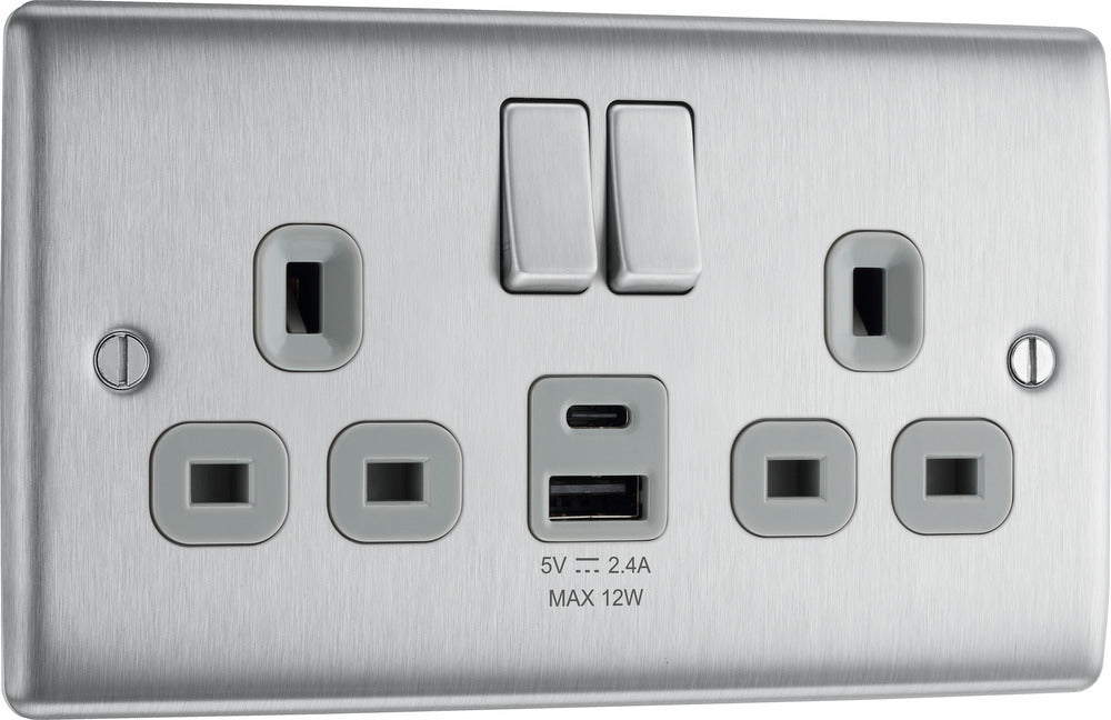 BG NBS22UAC12G Nexus Metal 13A Double Switched Power Socket + USB A+C ...