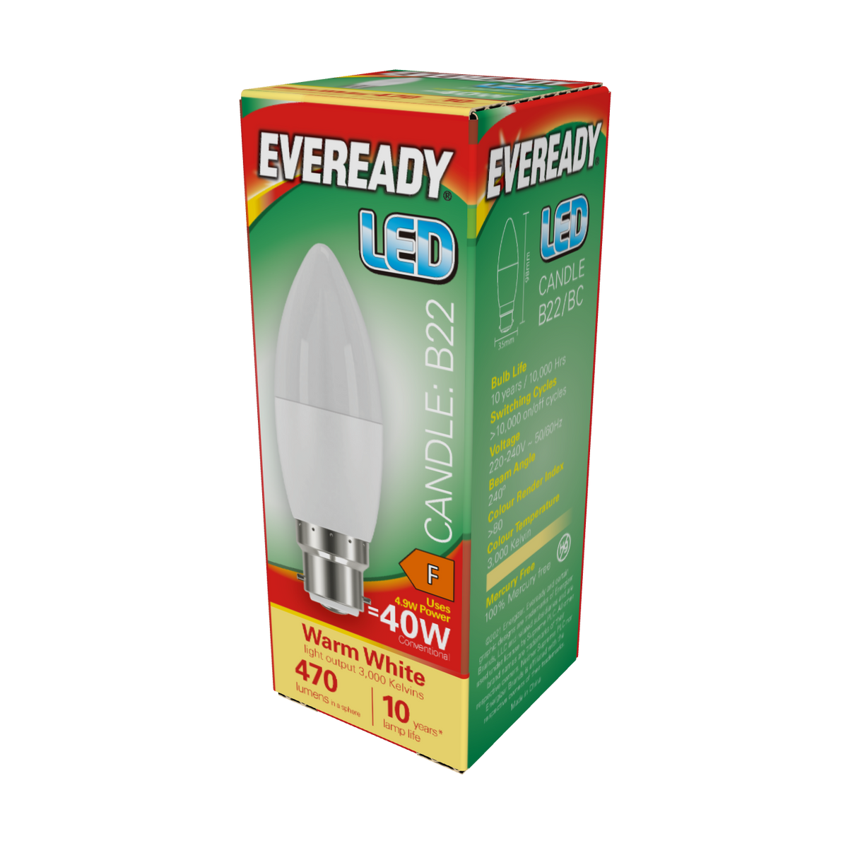 Eveready S13610 B22 BC Candle LED Bulb Opal 4.9W 470lm Warm White 3000 ...