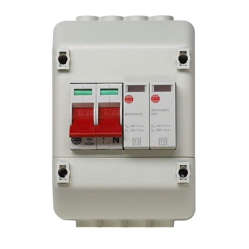 Wylex REC2SPD Enclosed, Insulated, 100A DP Supply Isolator with Type 2 ...