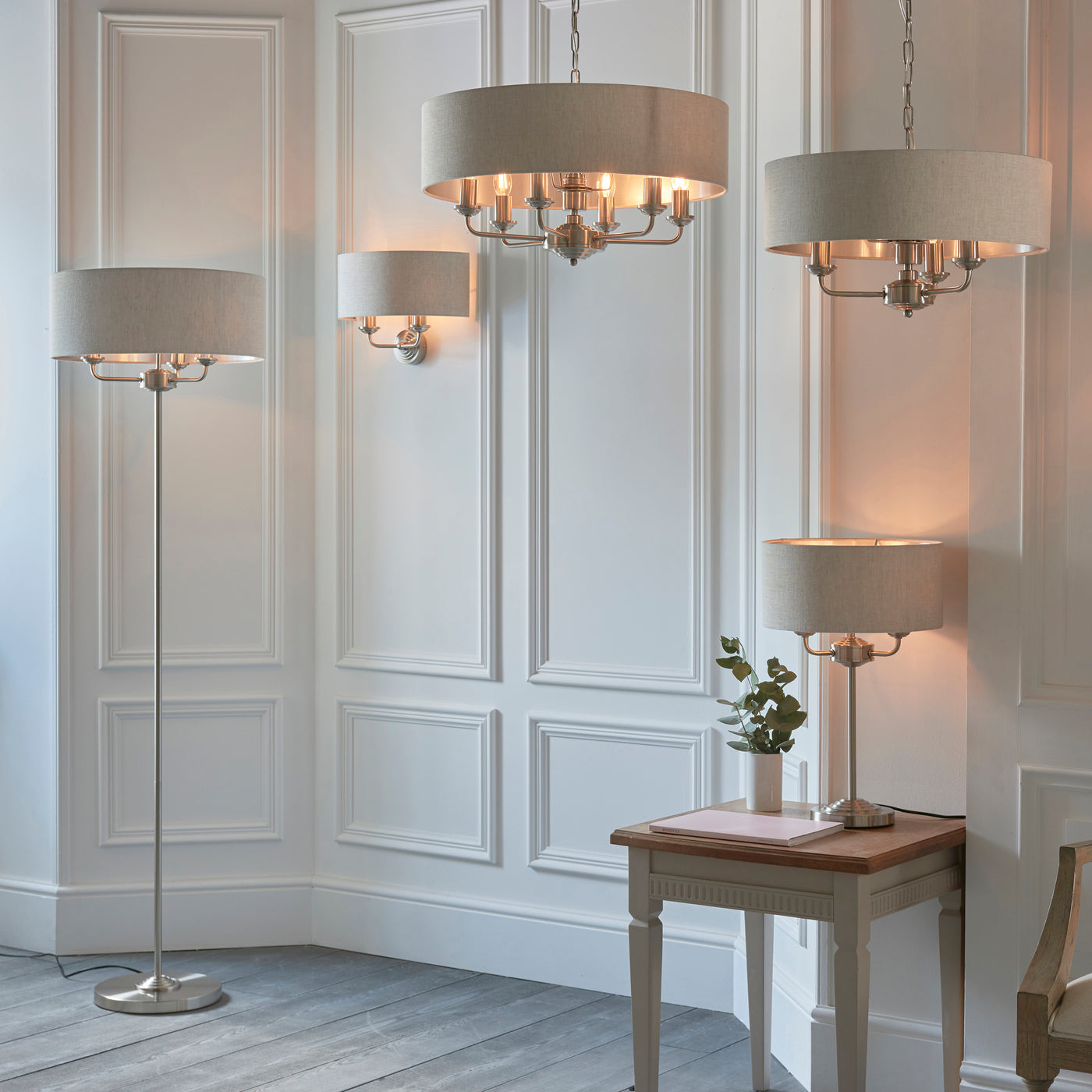 Endon 94403 Highclere 2lt Wall Brushed chrome plate & natural linen 2 ...