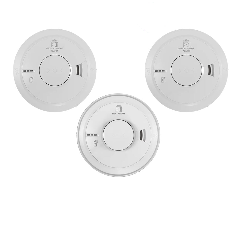 Aico 2x Ei3016 Optical Smoke & 1x Ei3014 Heat Alarm Kit Mains Powered ...