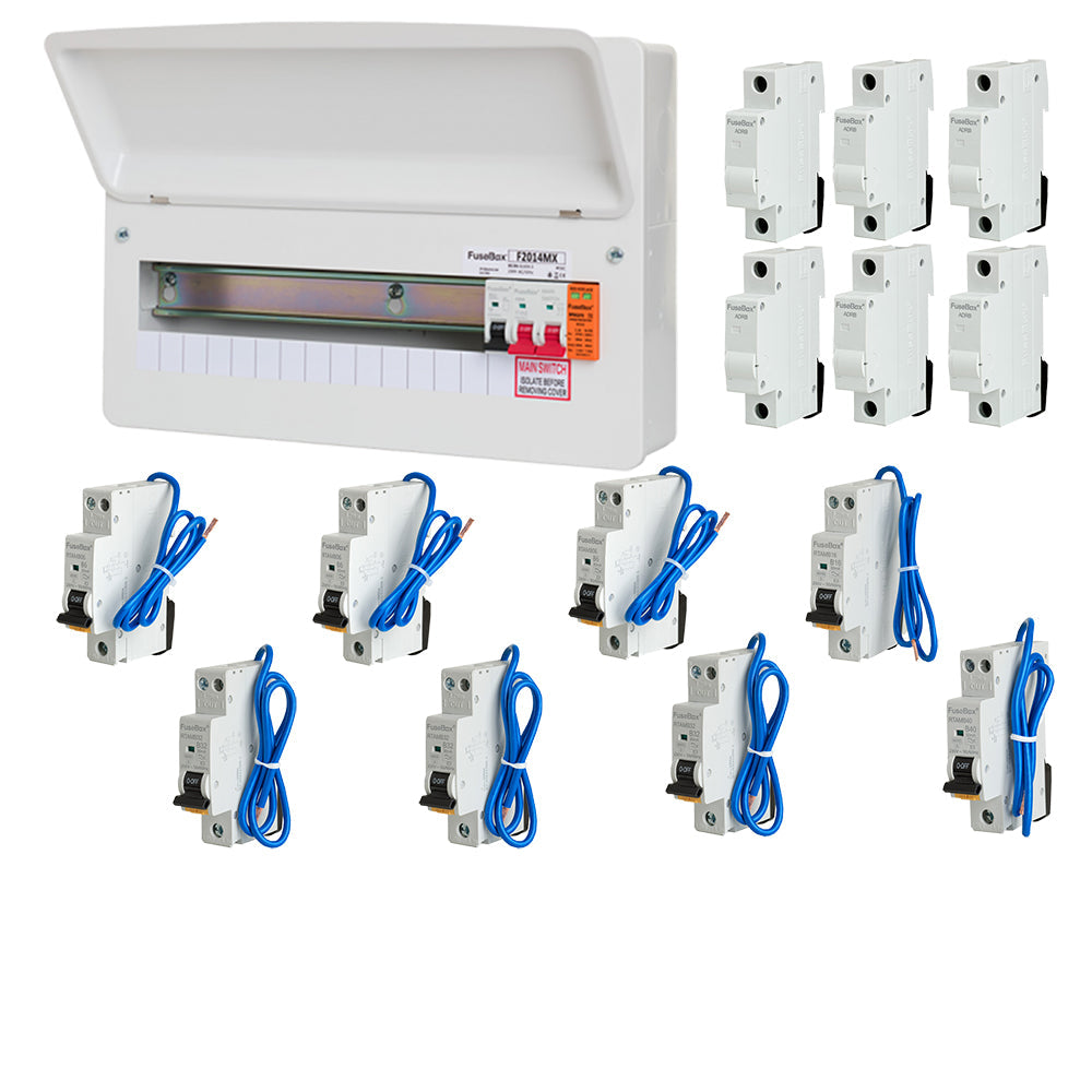 FuseBox F2014MX 14 Way T2 SPD Consumer Unit + 8 Type A Mini RCBOs & 6x ...