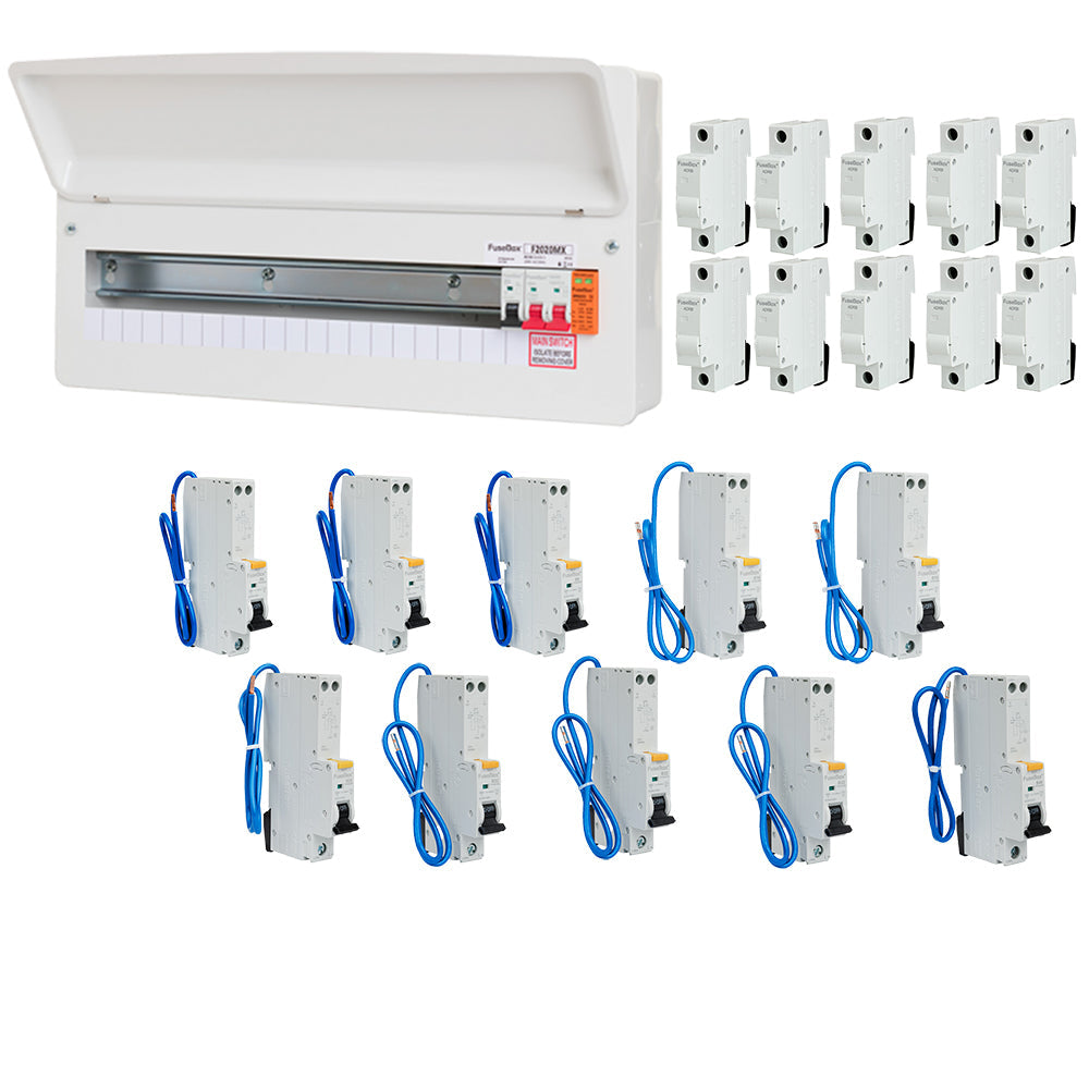 FuseBox F2020MX 20 Way T2 SPD Consumer Unit + 10 Type A RCBOs & 10x FR ...