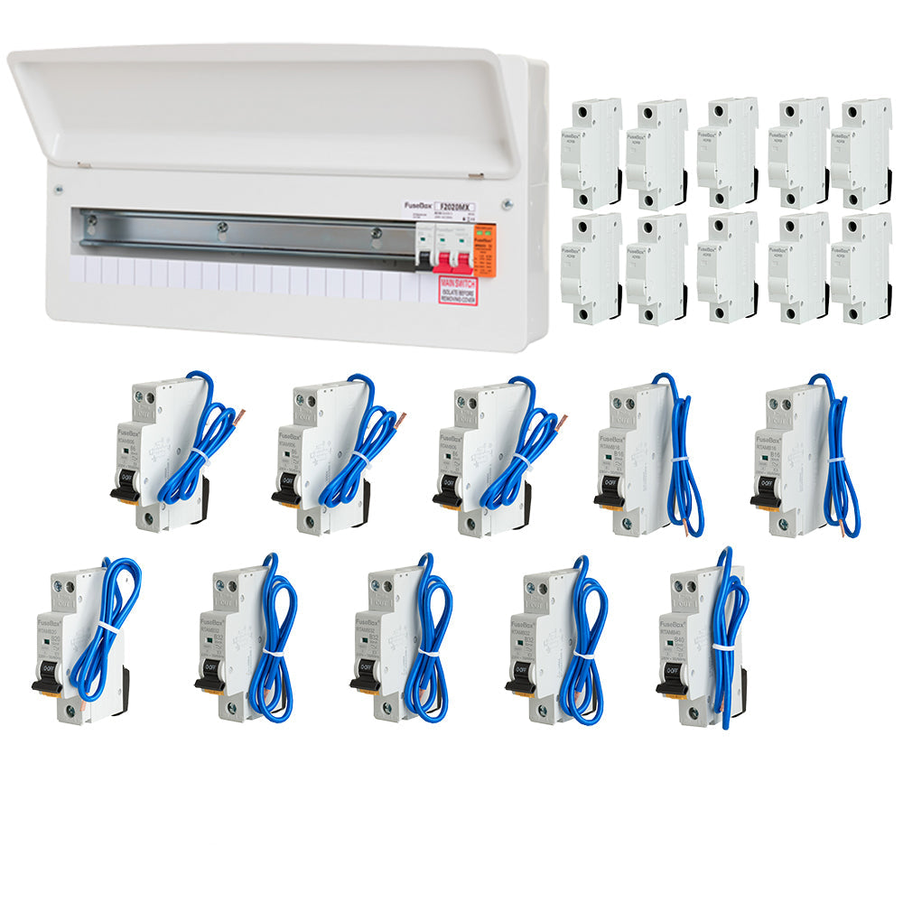 FuseBox F2020MX 20 Way T2 SPD Consumer Unit + 10 Type A Mini RCBOs & 1 ...