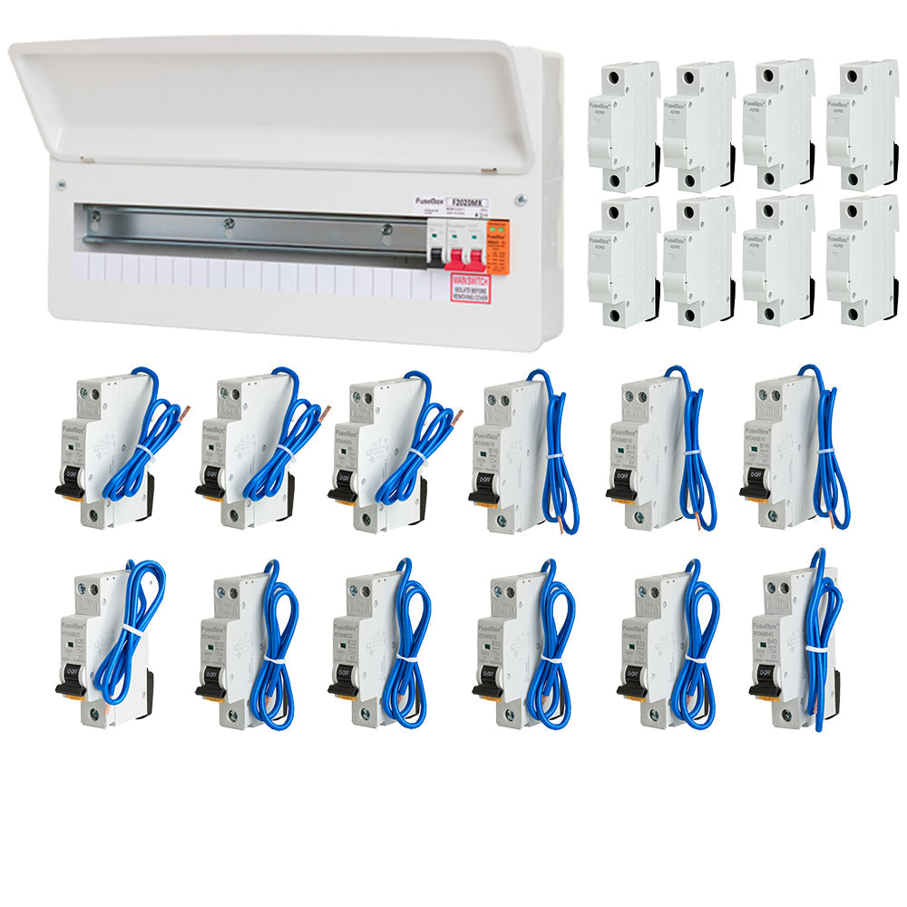 FuseBox F2020MX 20 Way T2 SPD Consumer Unit + 8 Type A Mini RCBOs & 12 ...
