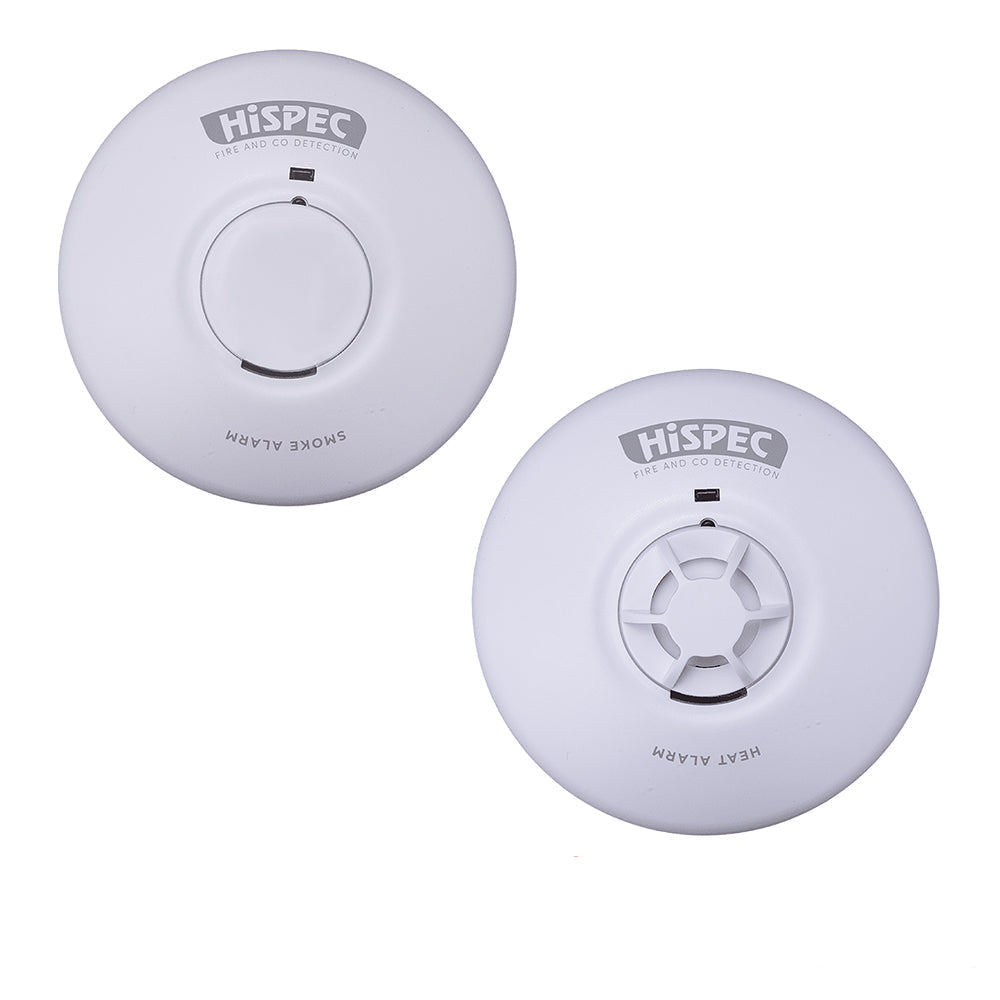 HiSPEC Mains Powered INTERCONNECTABLE 1x Smoke & 1x Heat Alarm with 9V ...