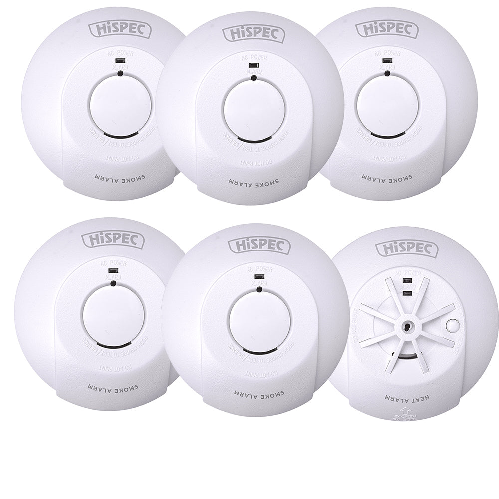 HiSPEC MAINS Power INTERCONNECTABLE 5x Smoke & 1x Heat Detector FF10 w ...