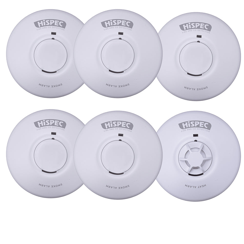 HiSPEC Mains Powered INTERCONNECTABLE 5x Smoke & 1x Heat Alarm with 9V ...