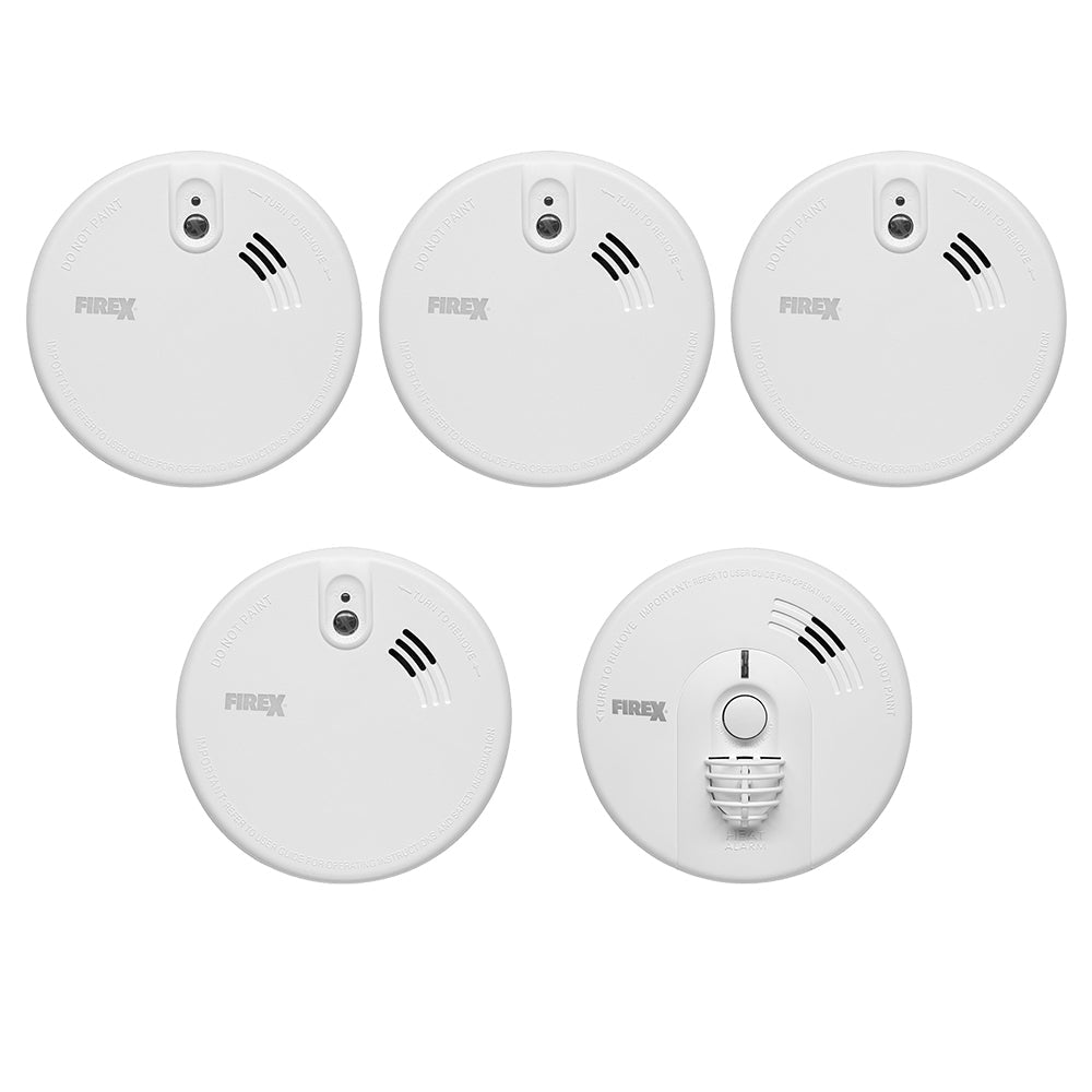 Kidde Firex 4x KF20 Optical Smoke & 1x KF30 Heat Alarm Kit Mains Power ...