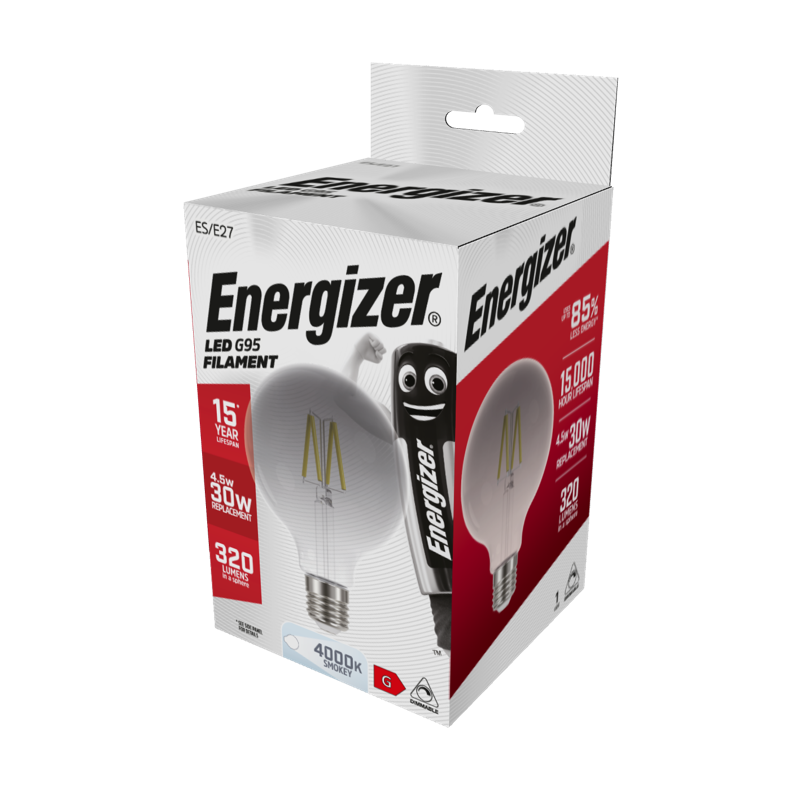 Energizer 4.5W 320lm E27 ES G95 Filament Smokey LED Bulb Cool White 40 ...