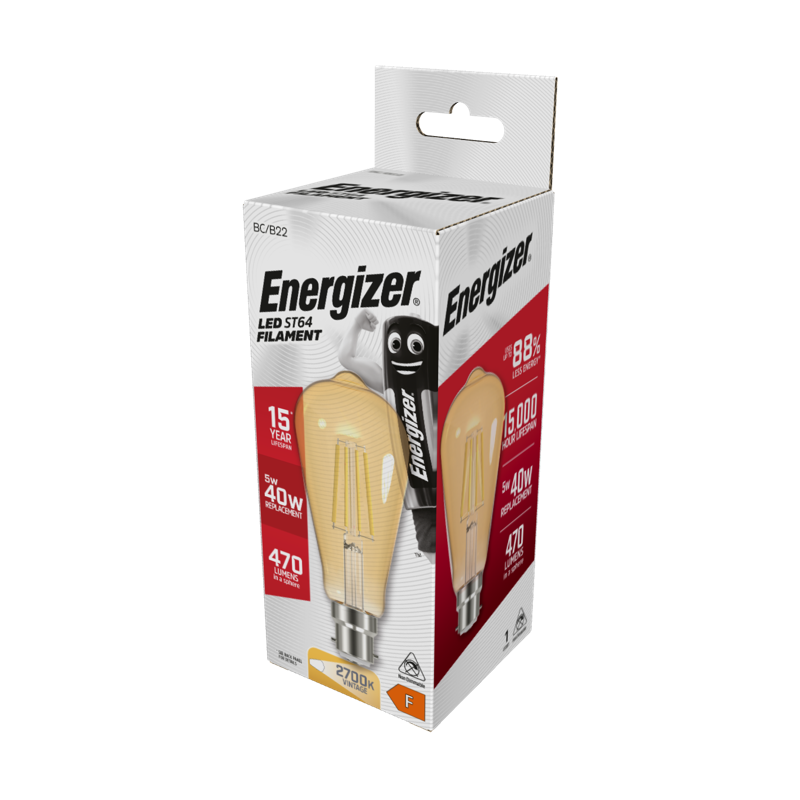 Energizer S9432 5W 470lm B22 BC ST64 Filament Gold LED Bulb Warm White ...